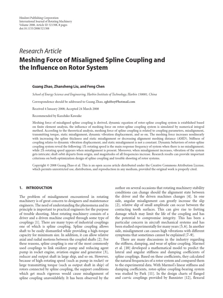 Research Article: Meshing Force of Misaligned Spline Coupling and The Influence On Rotor System ...