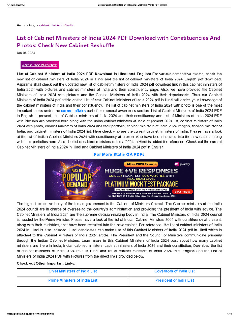 Central Cabinet Ministers of India 2024 | PDF | Cabinet (Government) | Government Of India