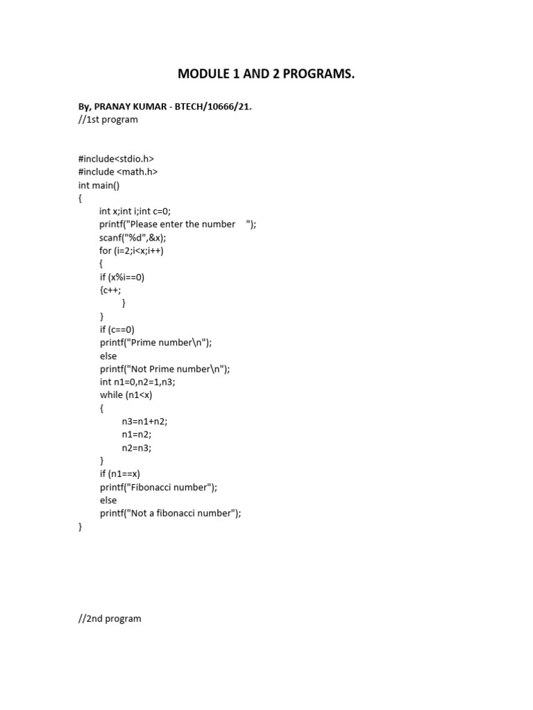 Module 1 and 2 Programs.: By, PRANAY KUMAR - BTECH/10666/21 | Download Free PDF | Computing ...