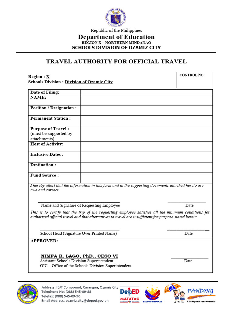 Travel Authority Form for DepEd Teachers | PDF