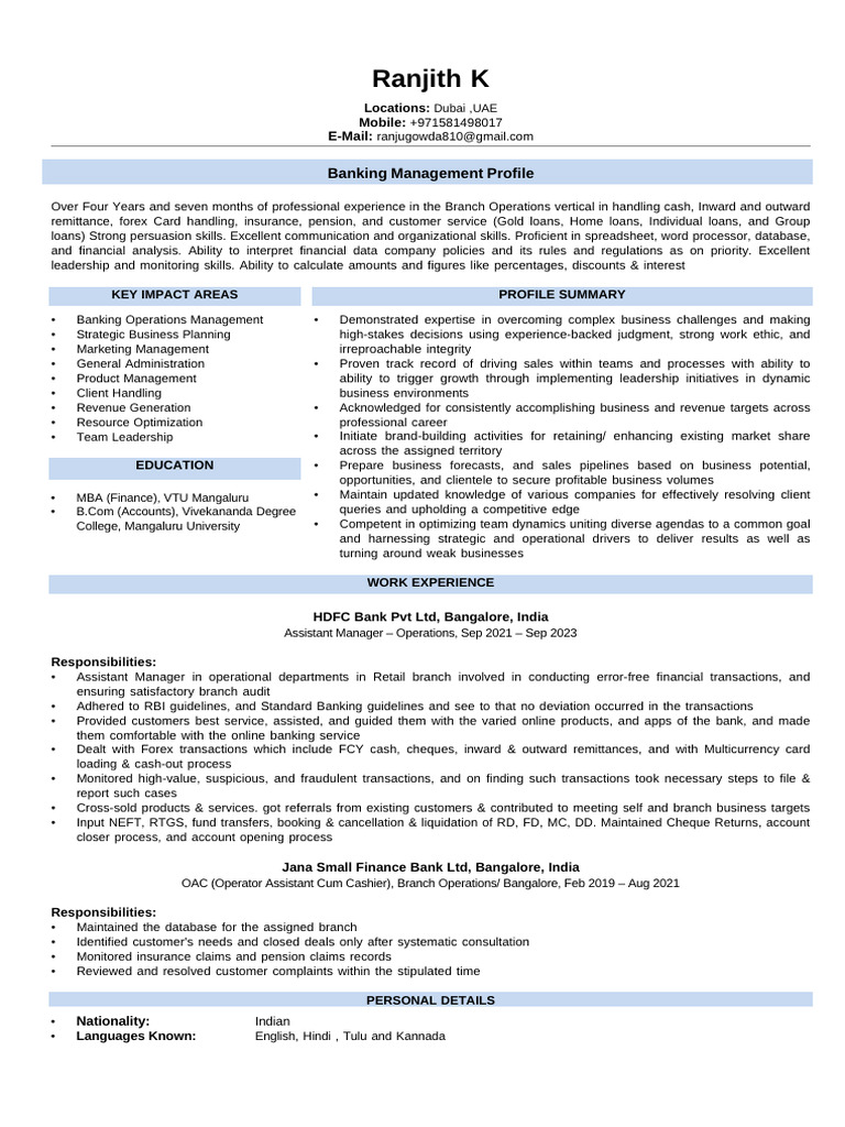 Ranjith - K - Resume | Download Free PDF | Banks | Leadership