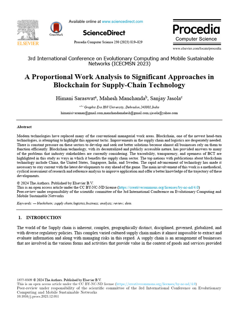 A Proportional Work Analysis To Significant Approaches in Blockchain For Supply-Chain Technology ...