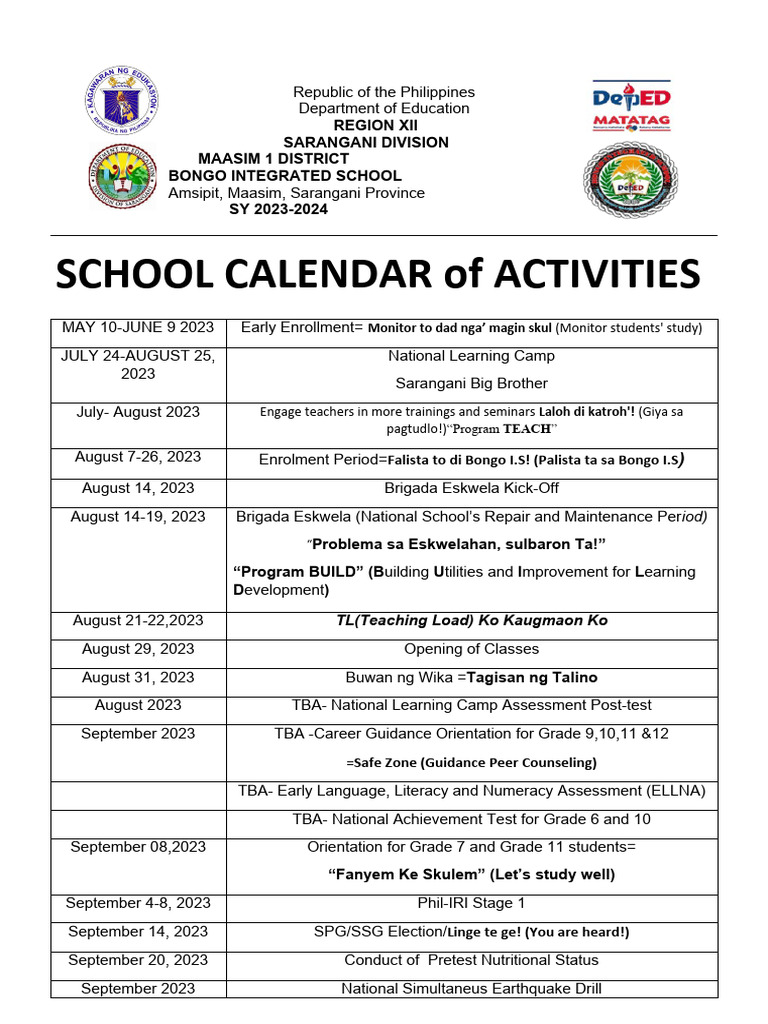 School Calendar of Activities Sy2023-2024 | PDF | Behavior Modification | Cognition