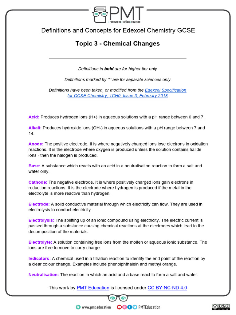 GCSE Chemistry: Key Definitions | PDF | Acid | Ph