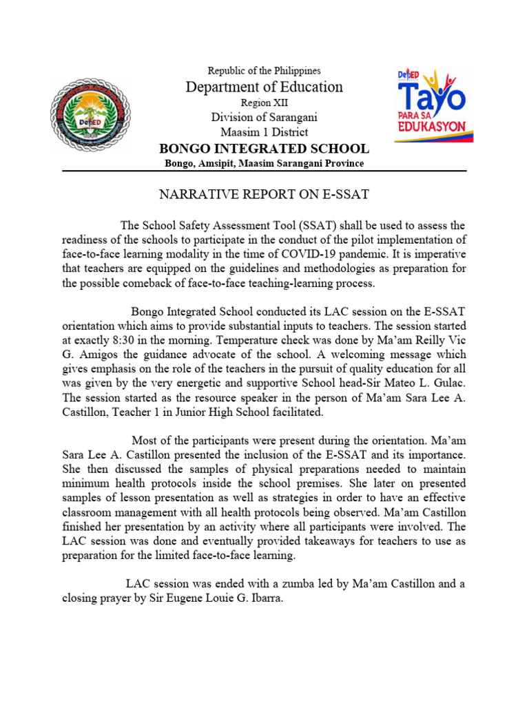 Narrative Report On Ssat and Simulation Activity | PDF | Learning ...