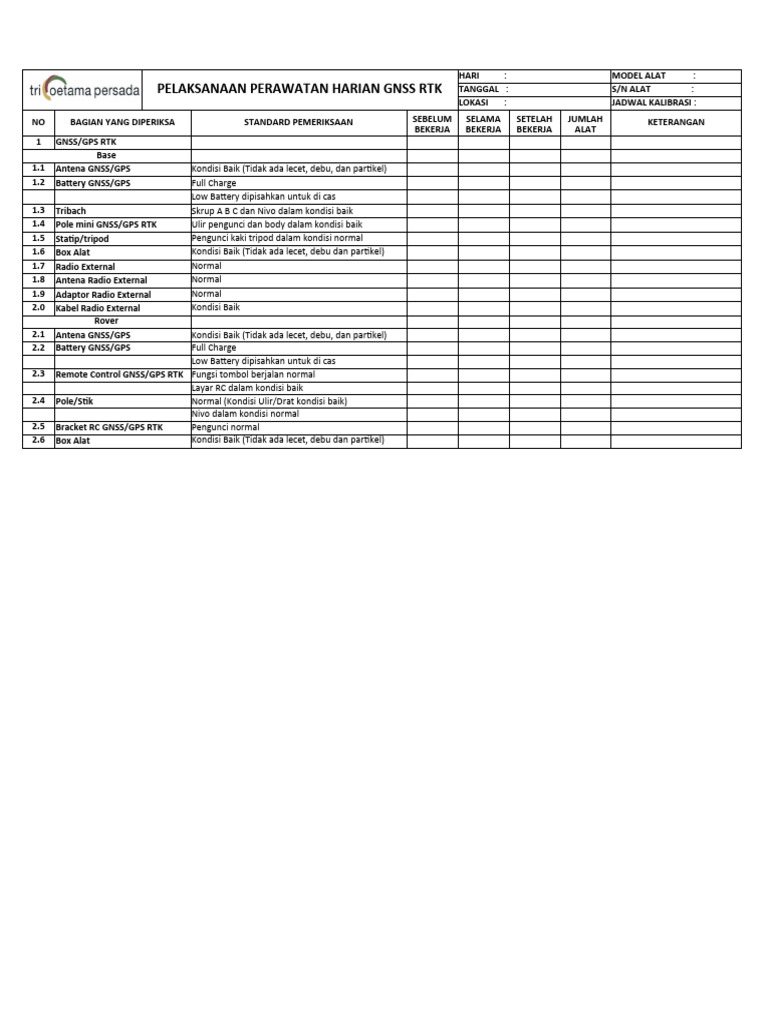 Form P2H Harian Alat Ukur RTK | PDF | Teknologi & Rekayasa