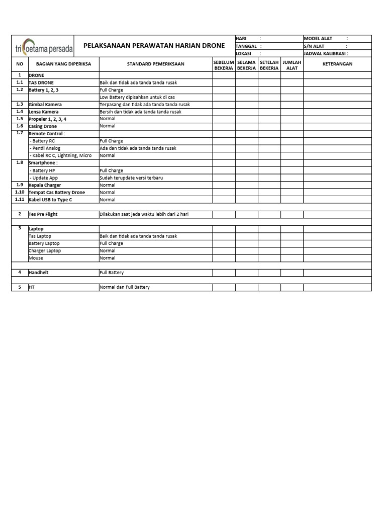 Form P2H Harian Drone | PDF
