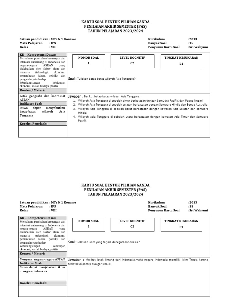 KARTU SOAL IPS Kls 8 | PDF