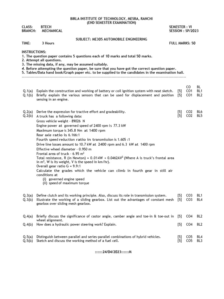 Me305 Automobile Engineering (End - sp23) | PDF | Manual Transmission ...