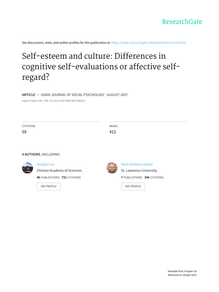 Self Esteem and Culture: Differences in Cognitive Self Evaluations or ...