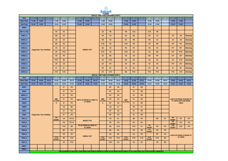 Medical - Time Table - 01.01.2024 To 07.01.2024 | PDF