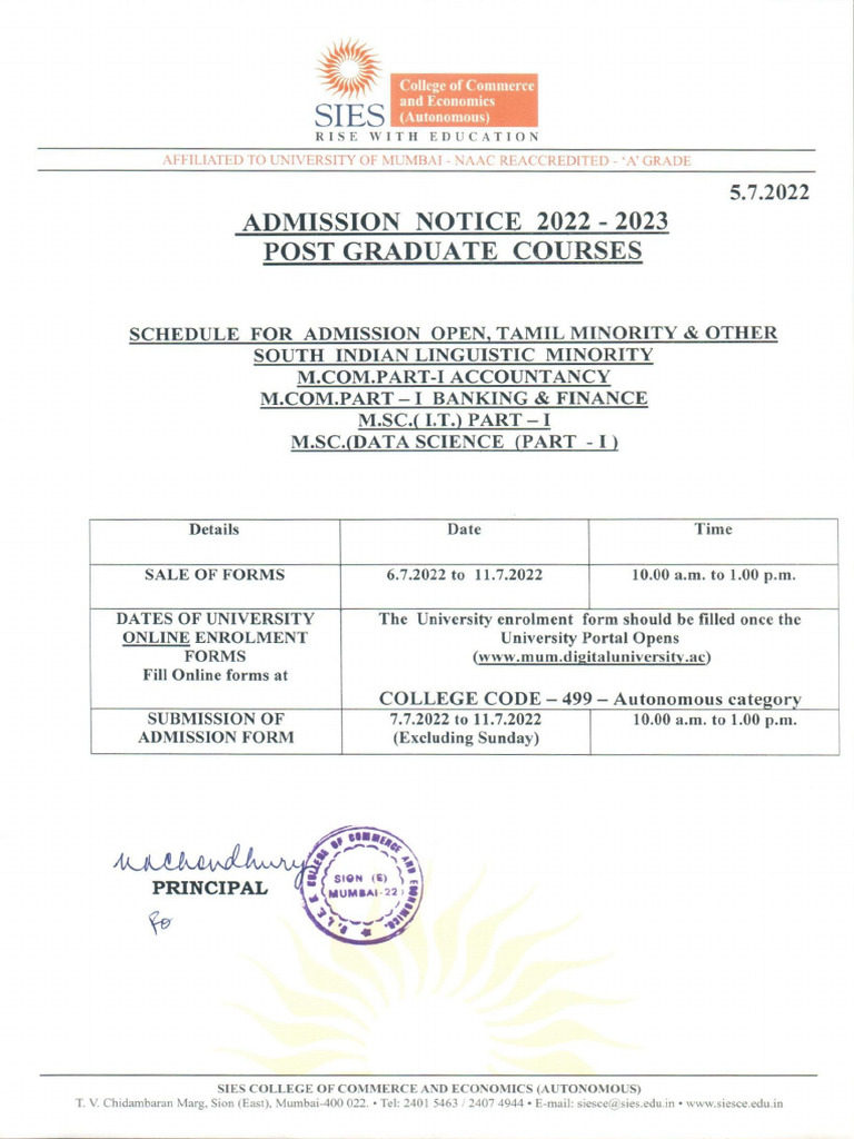 Sies-Post Graduate Admission Notice 2022-2023 | PDF