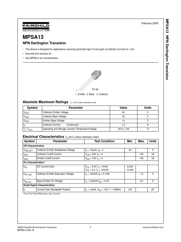 MPSA13 | PDF | Bipolar Junction Transistor | Semiconductor Devices