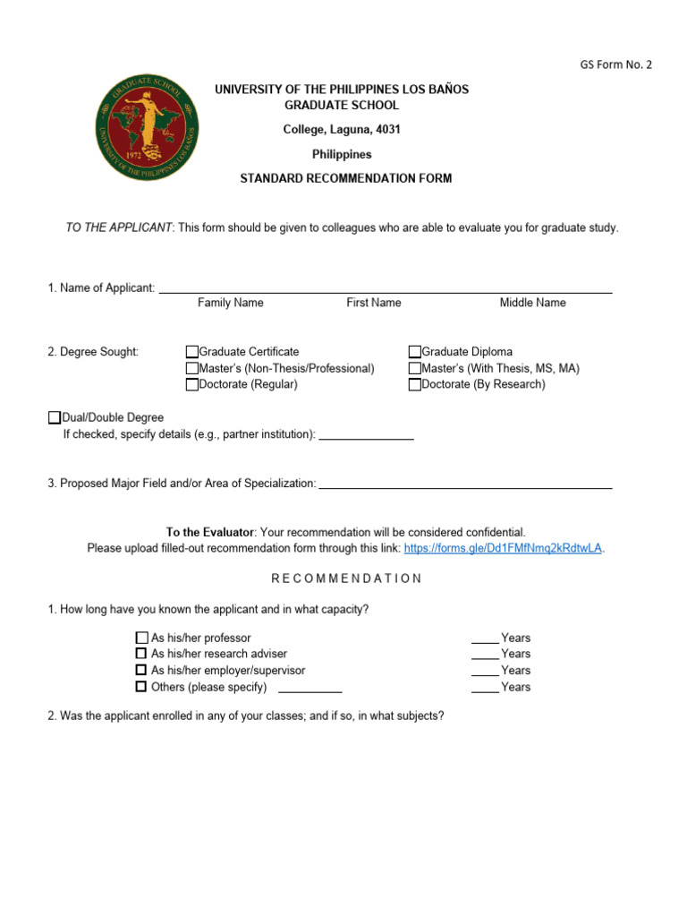UPLB Graduate School Recommendation Form | PDF | Academic Degree ...