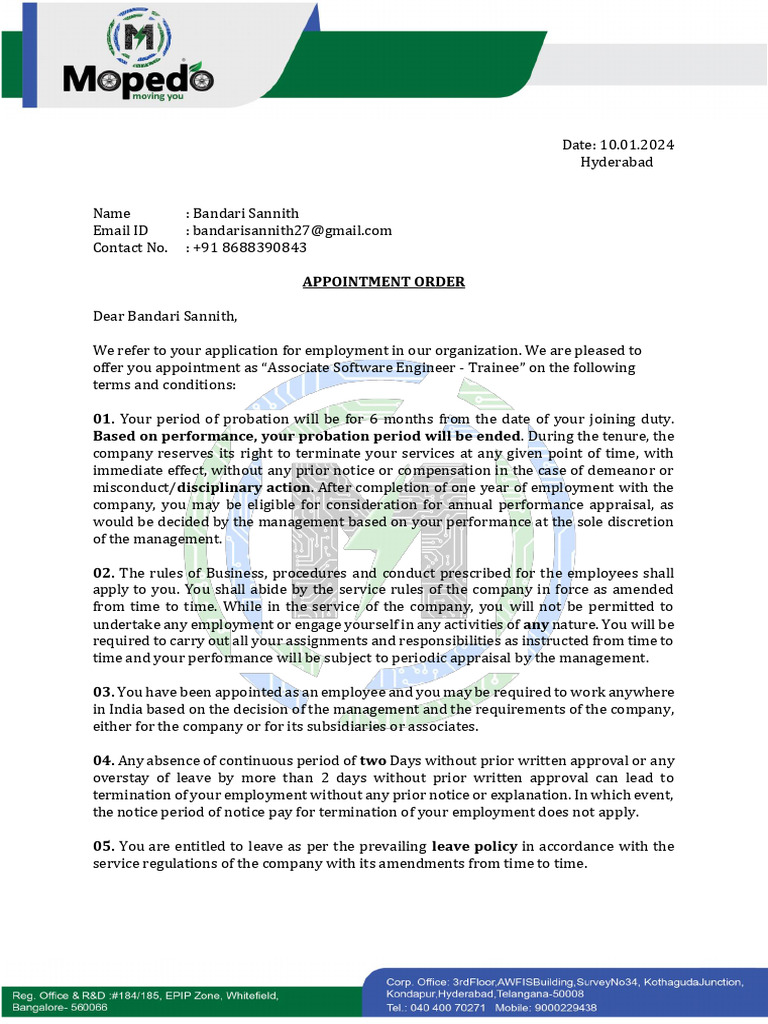 Bandari Sannith - Offer Letter | PDF | Career & Growth