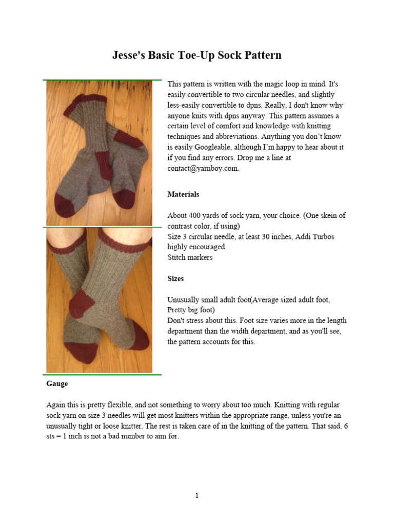 Sock Pattern Toe Up | PDF | Knitting | Gauge (Knitting)