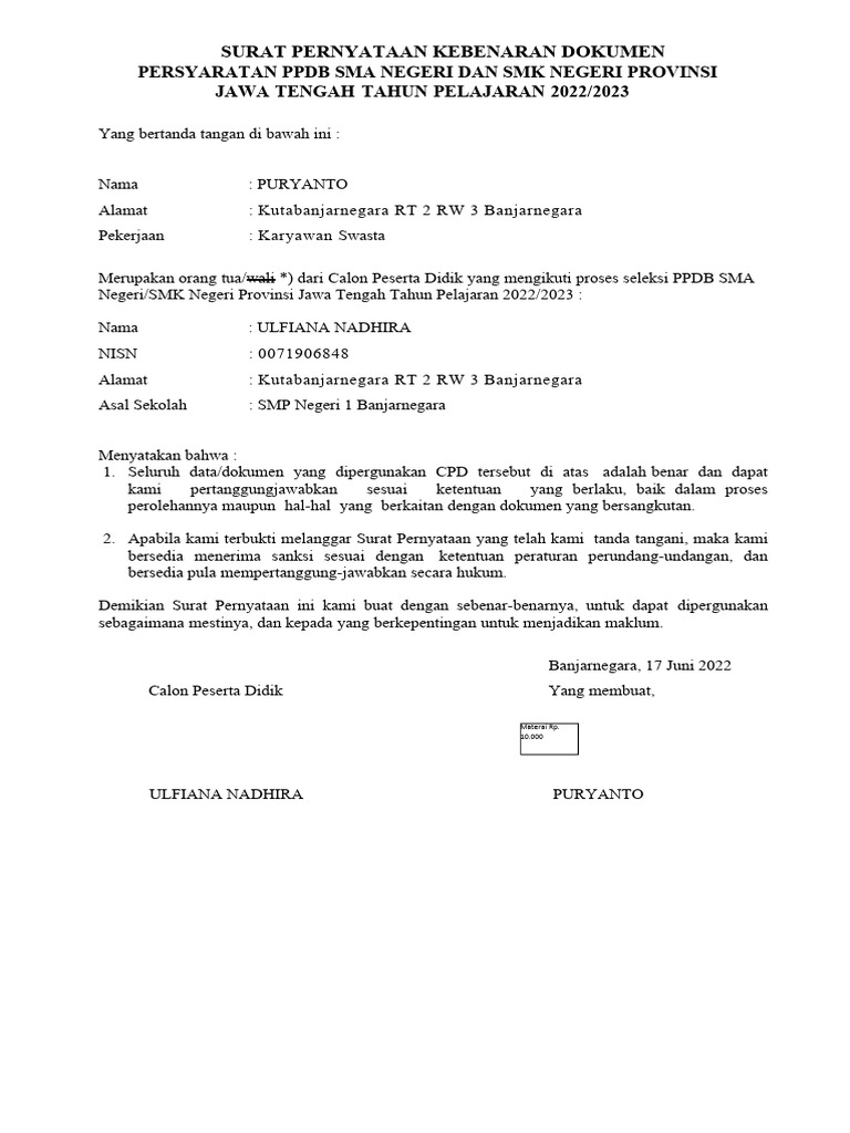 Pakta Integritas PPDB Online Sma | PDF