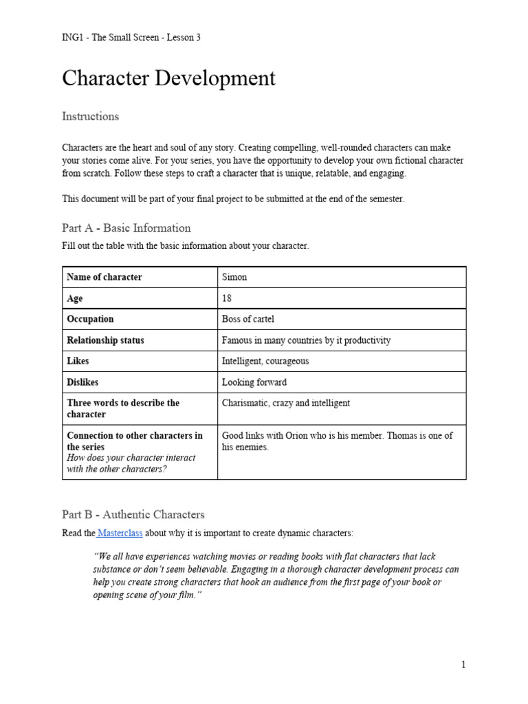 ING1 S1 L3 - Character Development | PDF