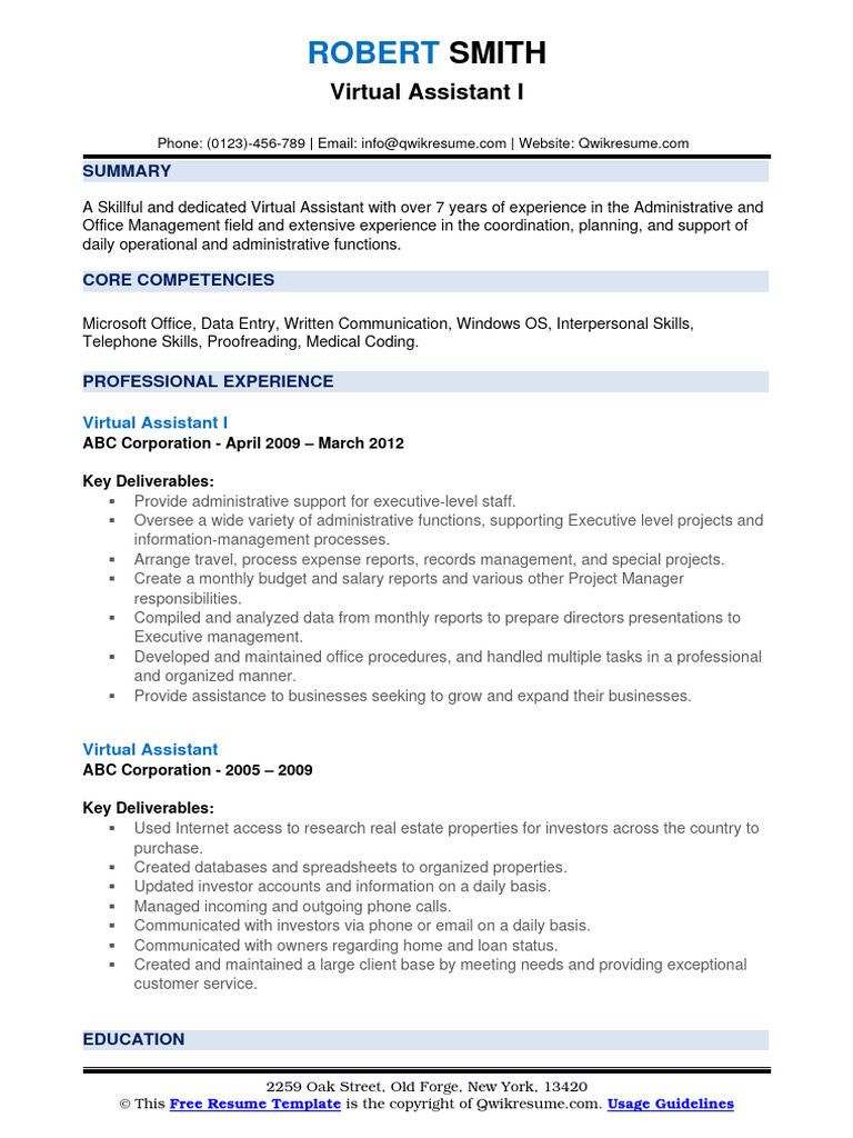 virtual-assistant-sample cv | PDF | Telephone | Computing