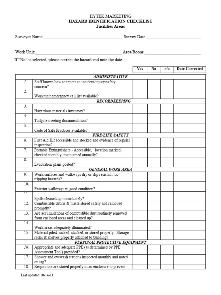 Hazard Identification Checklist Template | PDF | Personal Protective ...