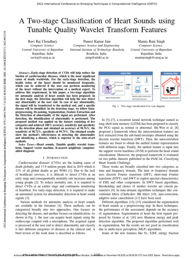 A Two-Stage Classification of Heart Sounds Using Tunable Quality Wavelet Transform Features ...