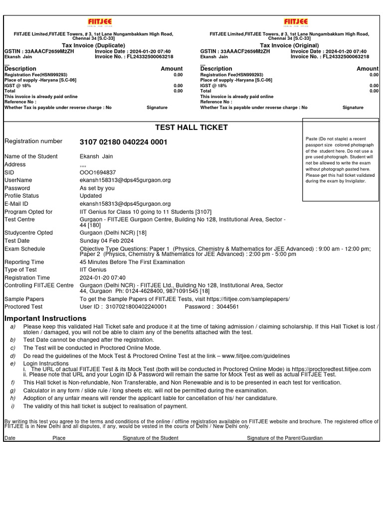 Test Hall Ticket 3107 02180 040224 0001: Registration Number | PDF