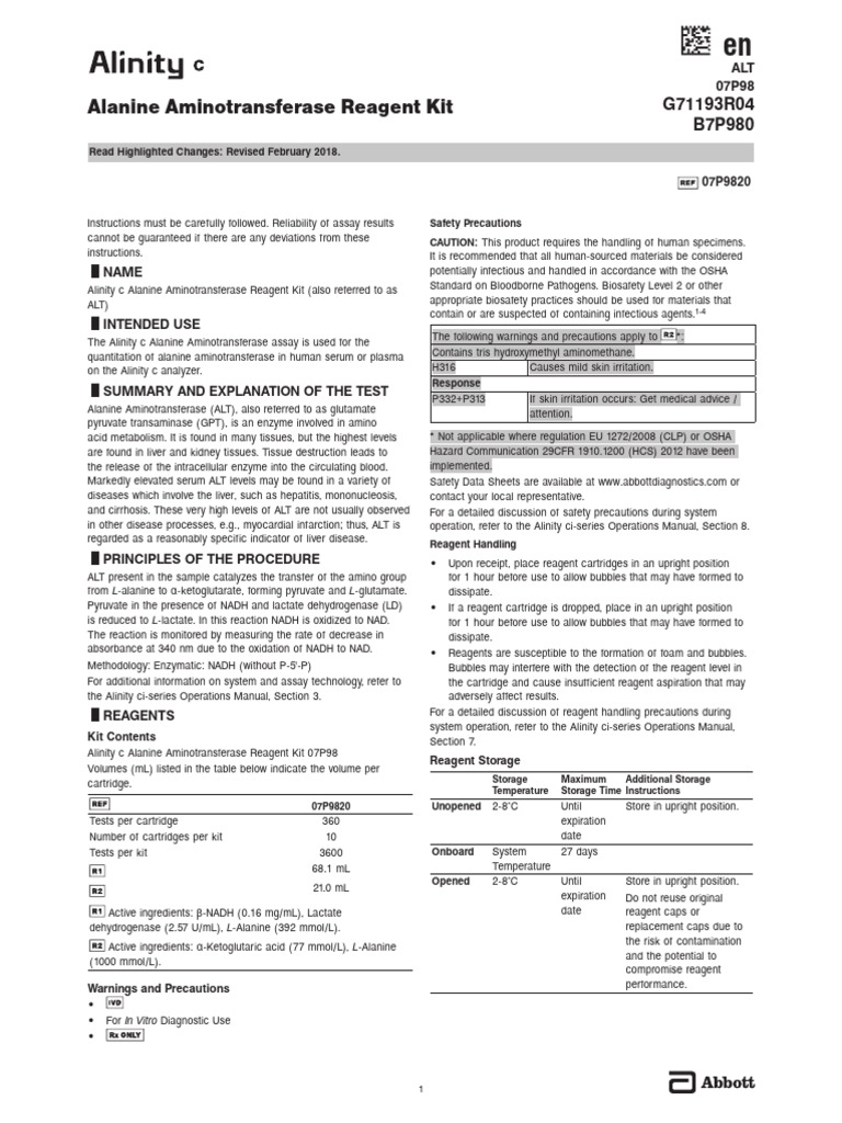 BR1.1 - Alinity C Alanine Aminotransferase Reagent | PDF | Alanine ...
