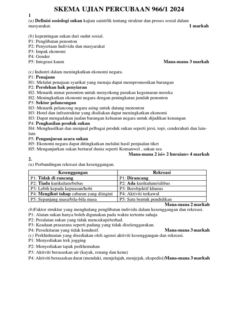 Skema Percubaan Sains Sukan Sem 1 2024 | PDF