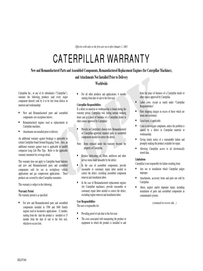 Warranty Statement For New and Reman Parts For Caterpillar | Download ...