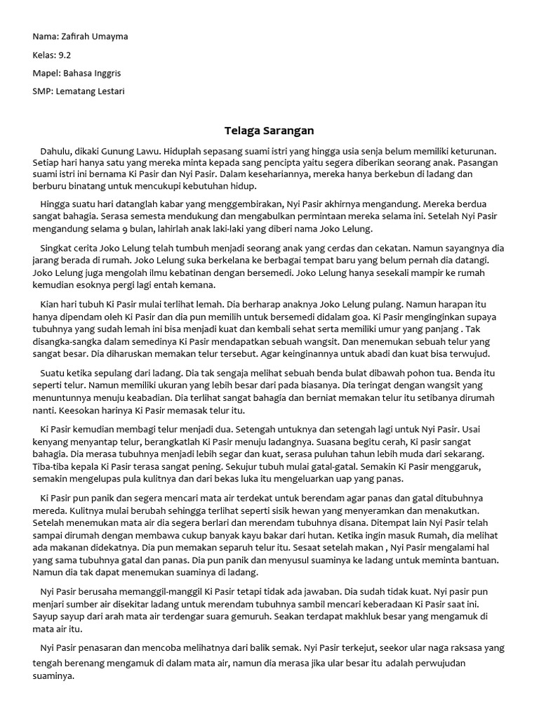 Legenda Telaga Sarangan: Kisah Naga | PDF