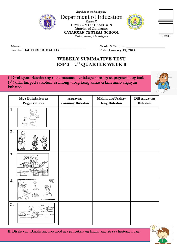 ESP 2 Weekly Test - Q2 Week 8 | PDF