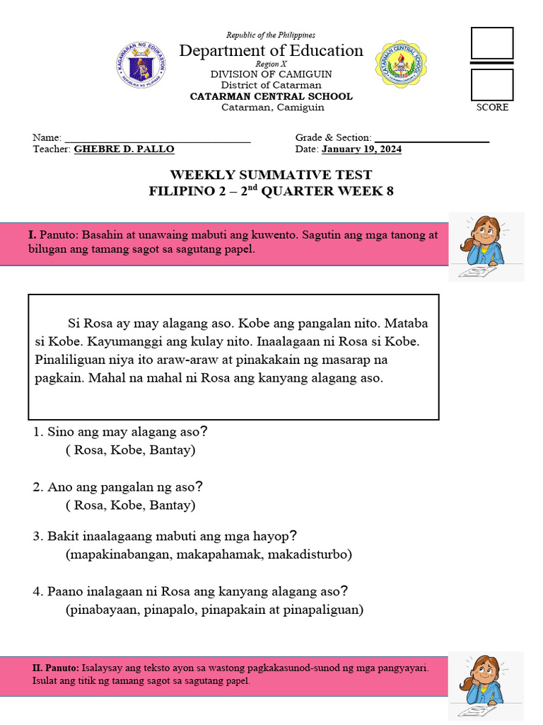 FILIPINO 2 Weekly Test - Q2 Week 8 | PDF