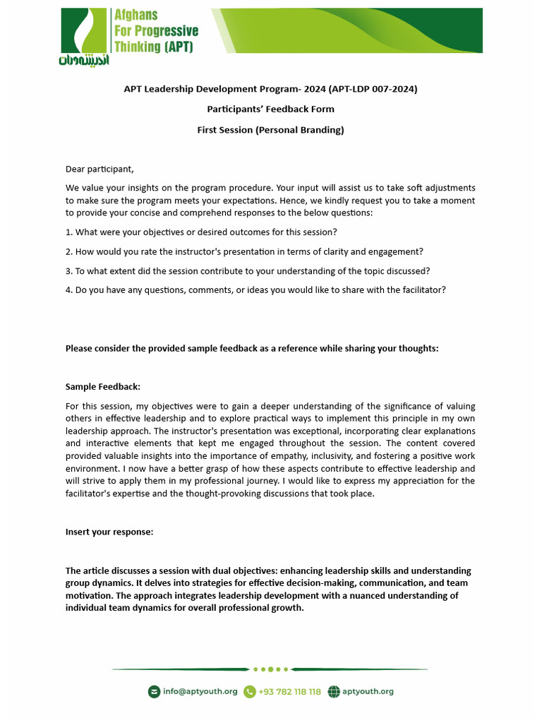 APT_ LDP 007-2024_ Feedback Form | PDF | Leadership | Understanding