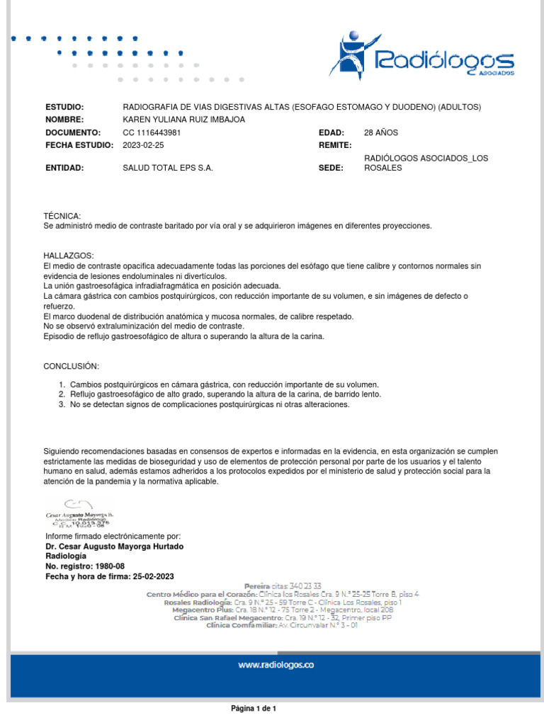 Radiografia de Vias Digestivas Altas (Esofago Estomago y Duodeno ...