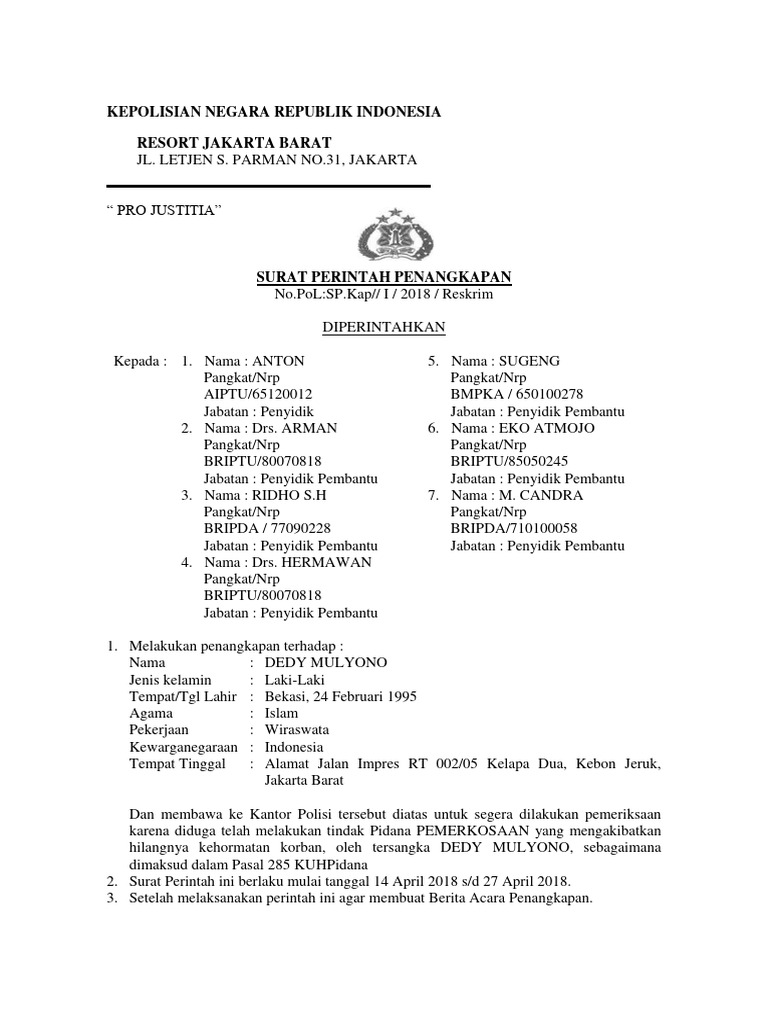 Contoh Surat Perintah Penangkapan | PDF