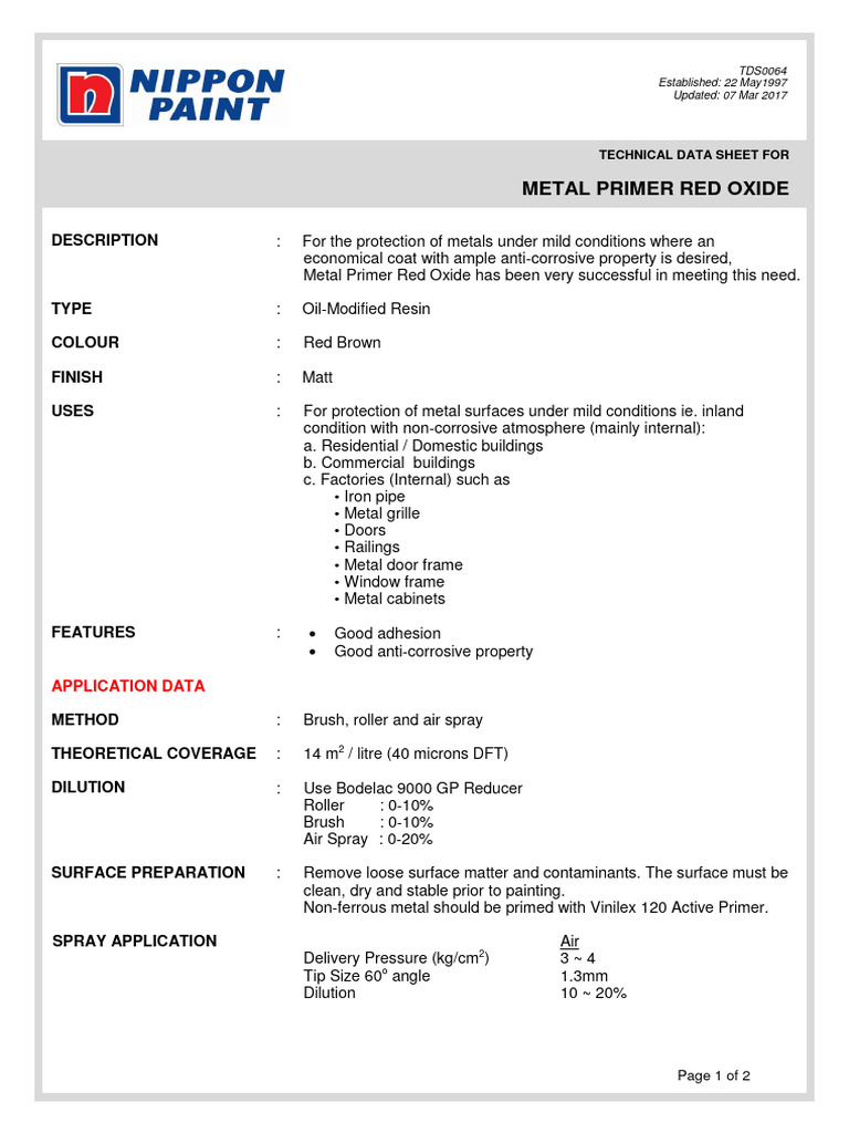 Nippon Metal Primer Red Oxide TDS | PDF | Metals | Materials