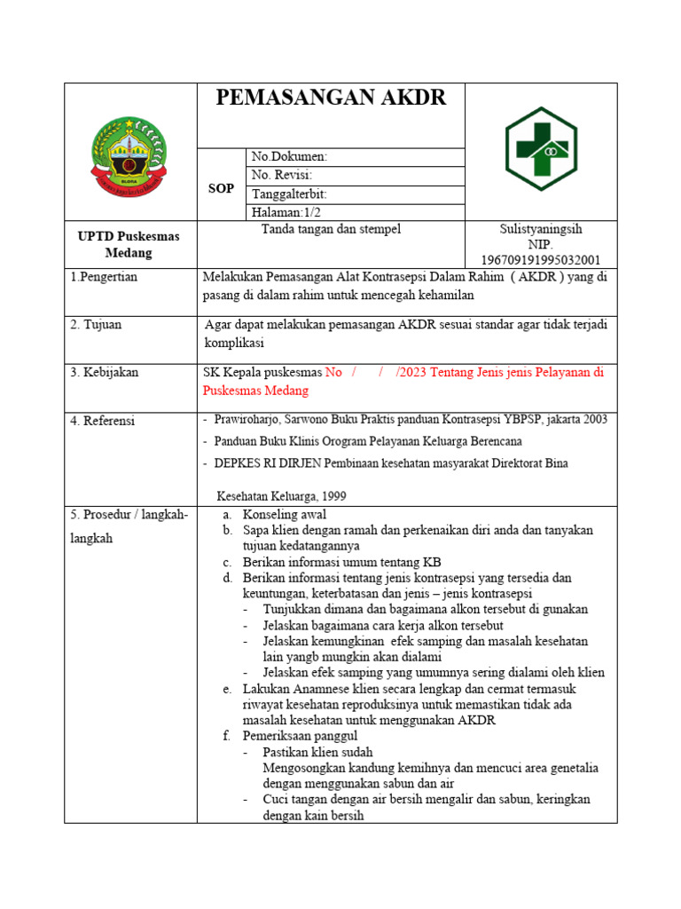 SOP PEMASANGAN IUD Fix | PDF