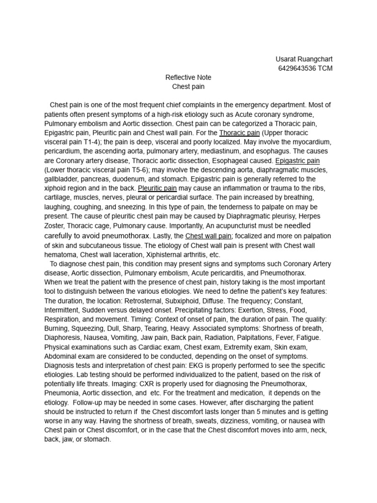 Chest Pain Reflective Note | PDF | Thorax | Aorta