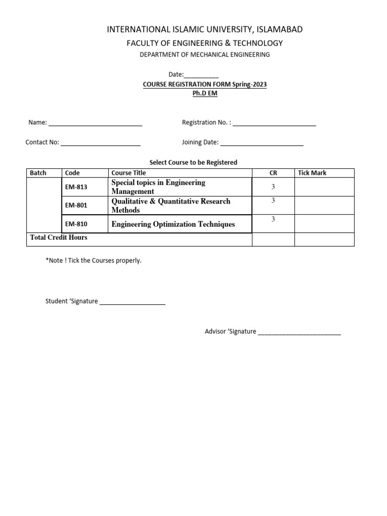 Course Registration Forms MS & PhD Spring-2023 (1) | PDF | Engineering | Mechanical Engineering