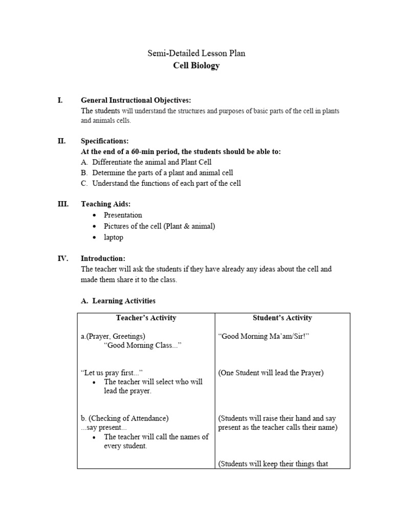 A Detailed Lesson Plan in Science | PDF | Teachers | Cell (Biology)