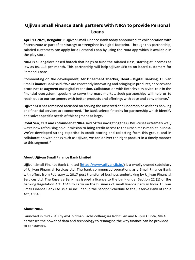 Press Release - Ujjivan Small Finance Bank Partners With NIRA - April 1 ...