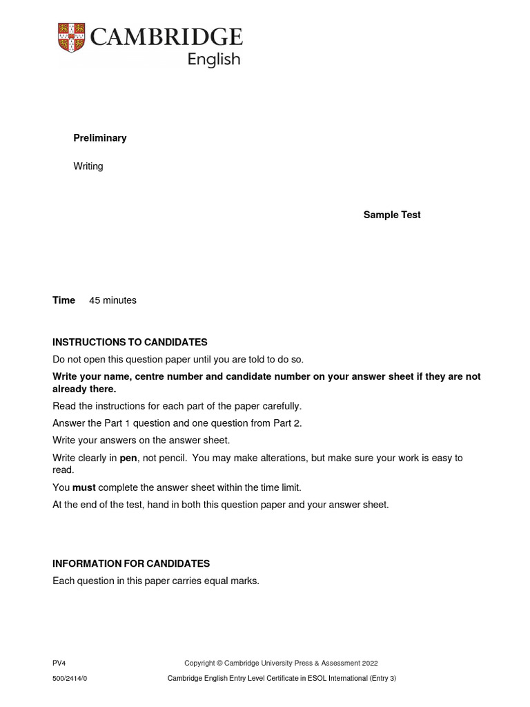 B1 Preliminary 2022 Sample Writing - Question Paper | PDF | Question