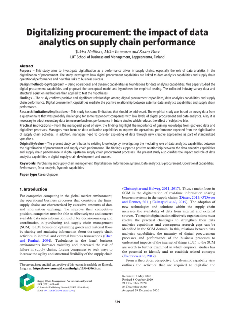 Jukka Hallikas Digitalizing Procurement The Impact of | PDF | Supply Chain Management | Supply Chain