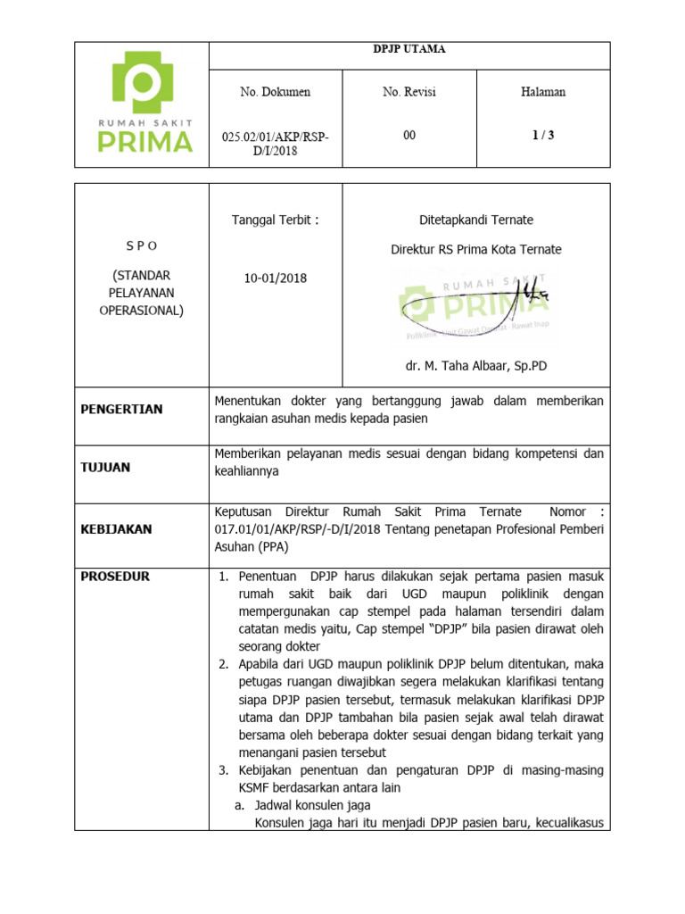 Prosedur Penetapan DPJP di RS Prima | PDF