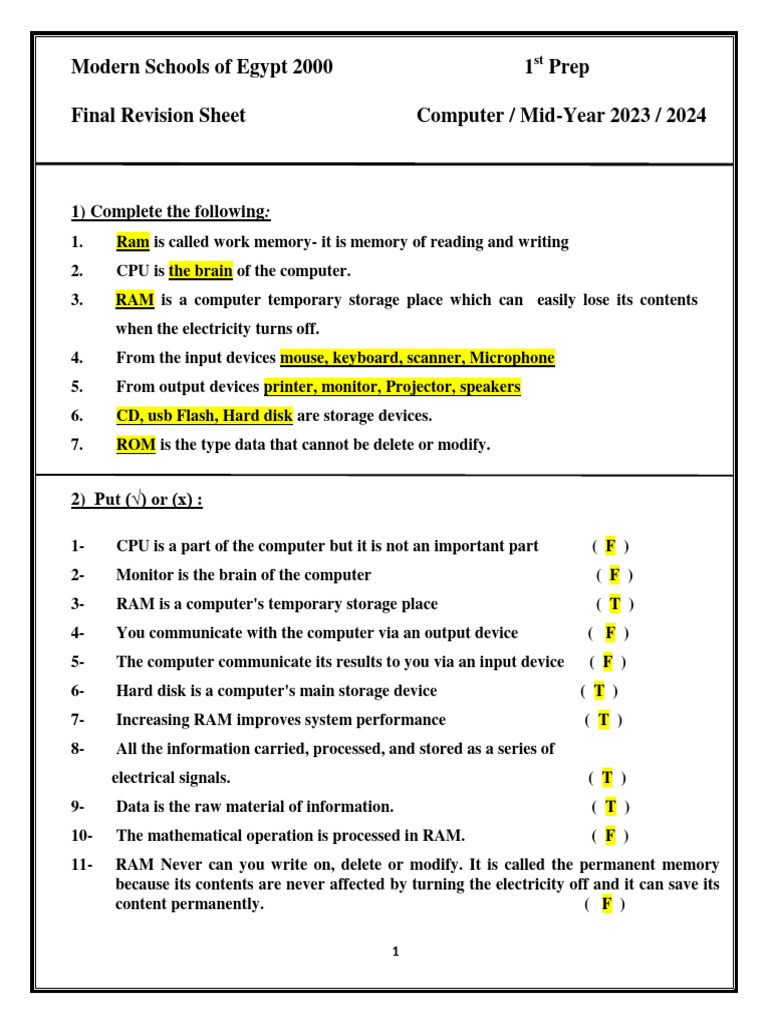 Final Revision 1st Prep 1st Term 2024 | PDF | Operating System | Computer Network