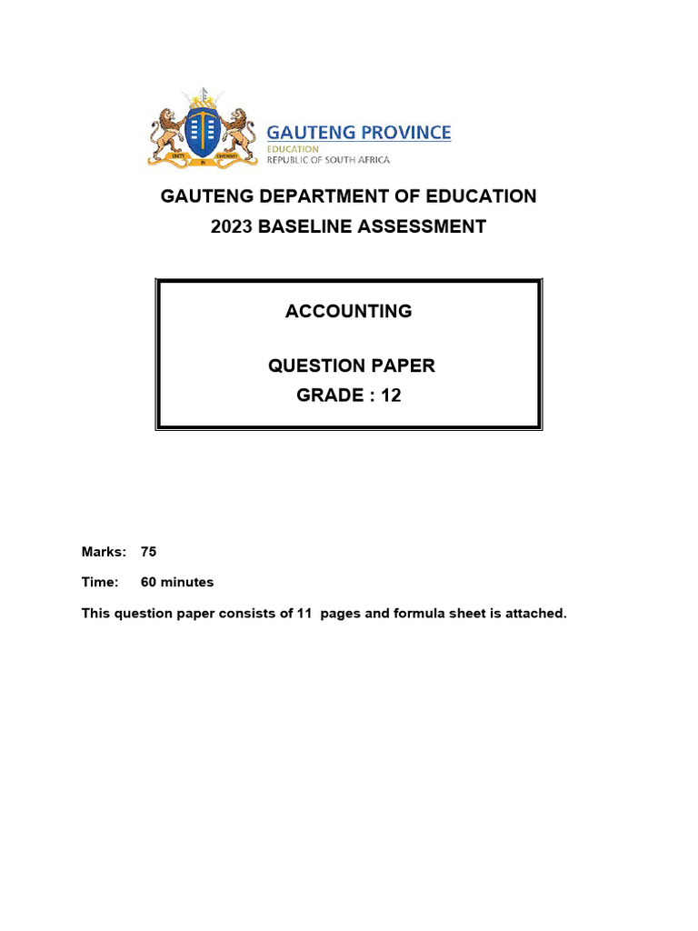 2023 Accounting Grade 12 Baseline Assessment - QP-1 | PDF | Debits And ...