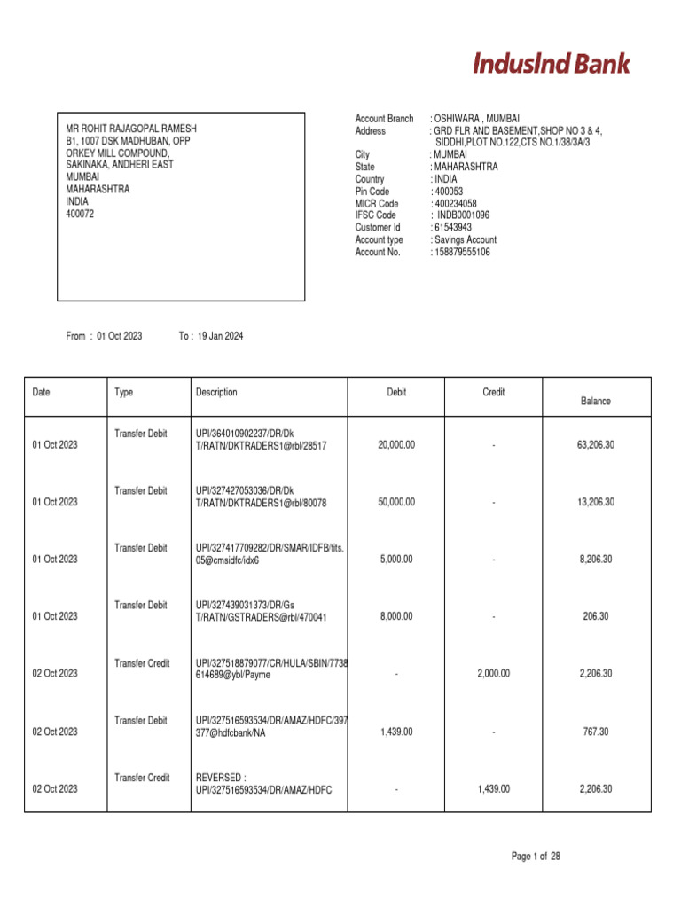 Bank Statement Indusind | PDF | Debits And Credits | Debit Card