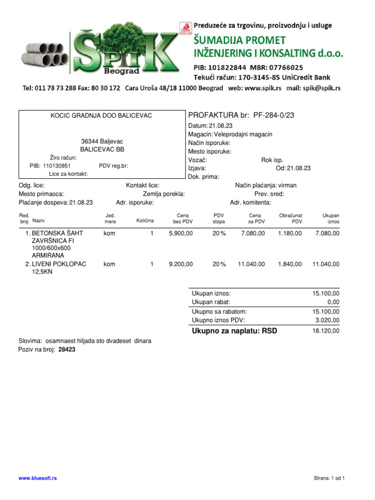 PROFAKTURA BR: PF-284-0/23: @iro Ra Un: Lice Za Kontakt: PIB: 110130951 ...