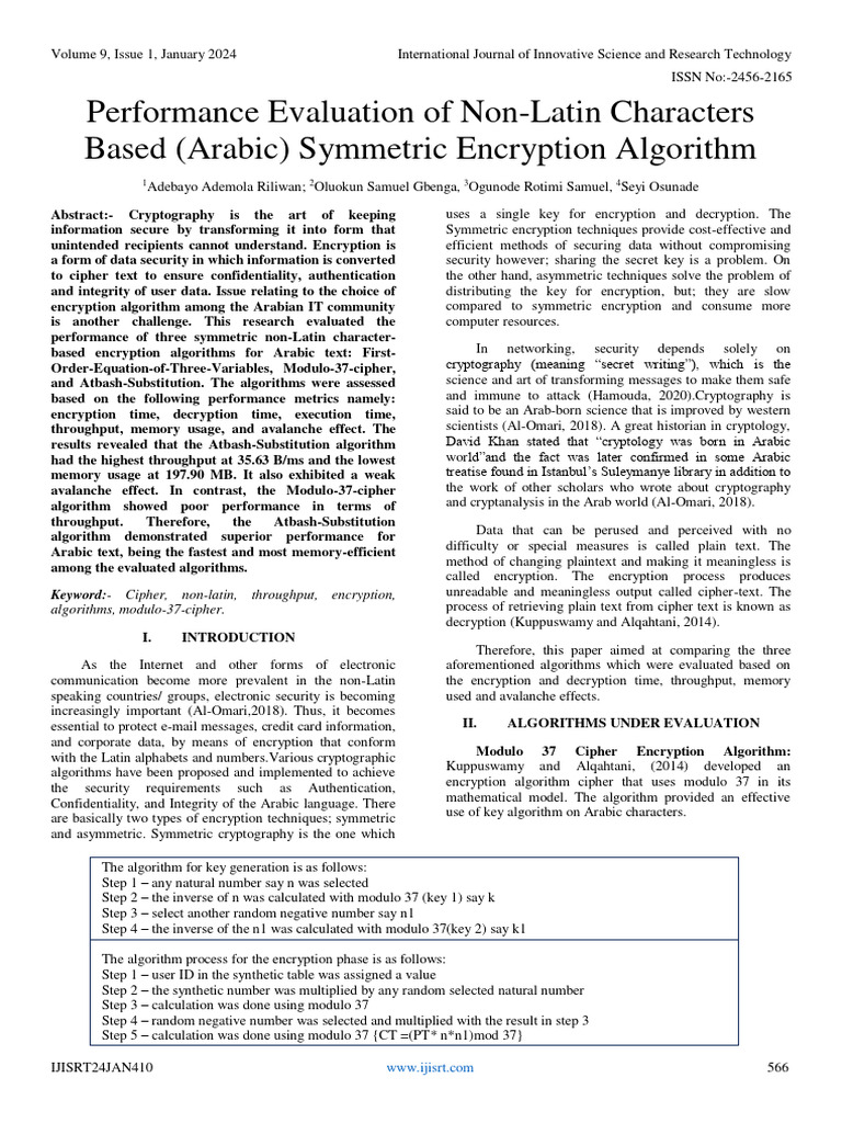 Performance Evaluation of Non-Latin Characters Based (Arabic) Symmetric Encryption Algorithm ...