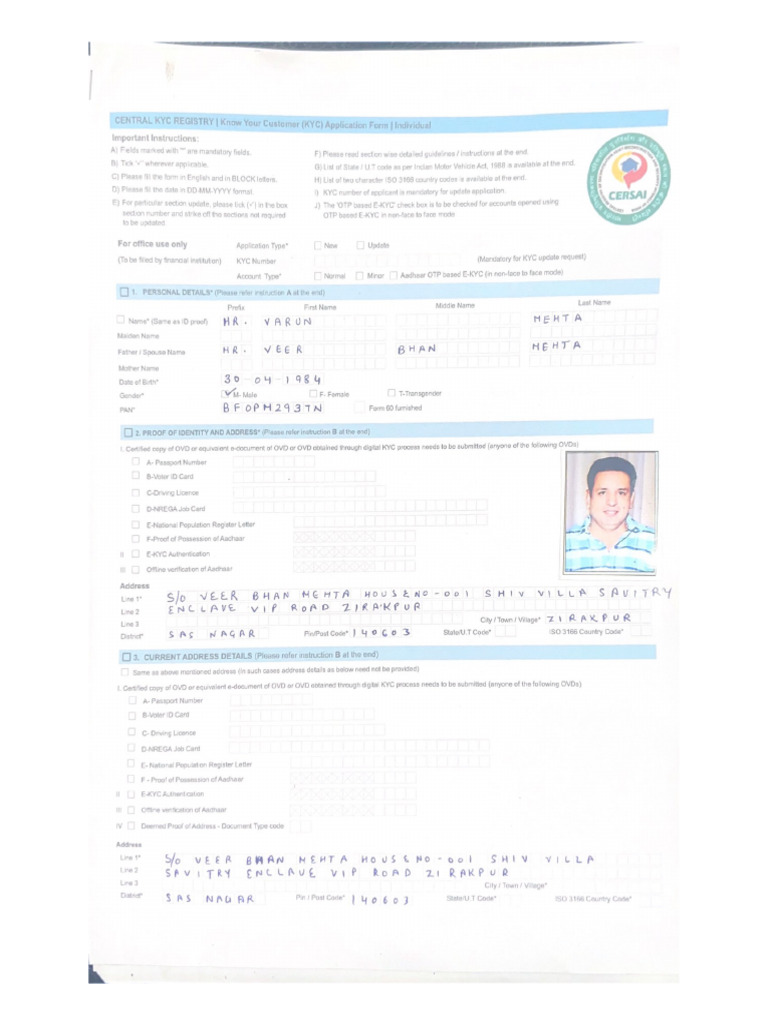 CENTRAL KYC REGISTRY Know Your Customer (KYC) Application Form ...
